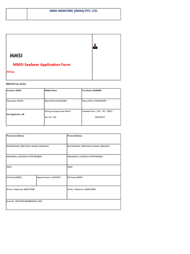 MMSI Seafarer Application Form (Ratings) | PDF