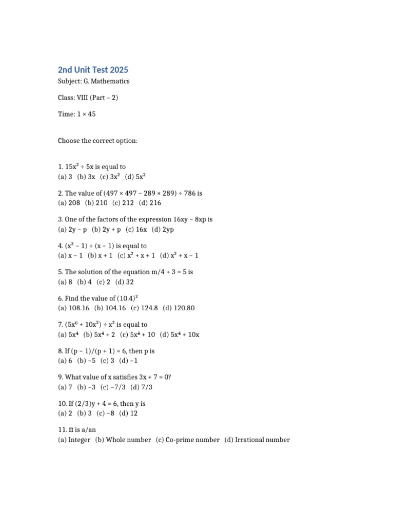 Class VIII Maths Question Paper | PDF
