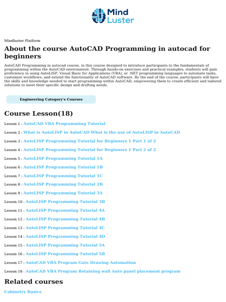 AutoCAD Programming in Autocad For Beginners Course Content | PDF