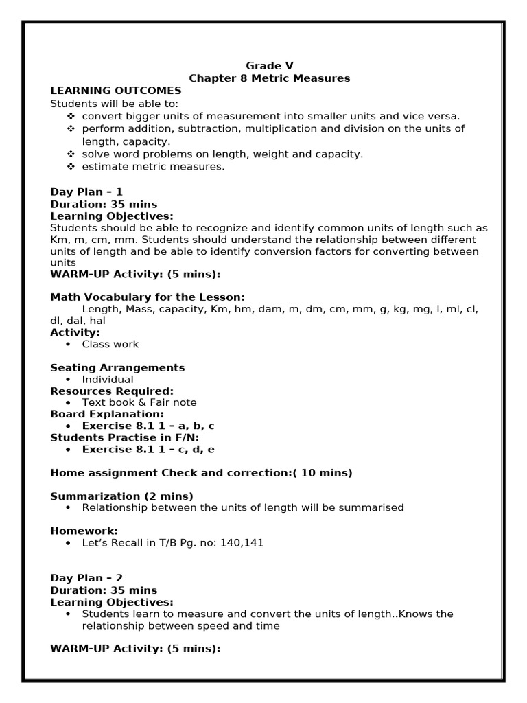 Grade V Metric Measures Lesson Plan | PDF | Measurement | Volume