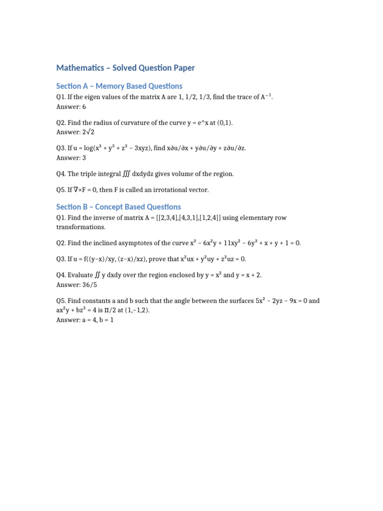 Maths Solved Questions Pdf
