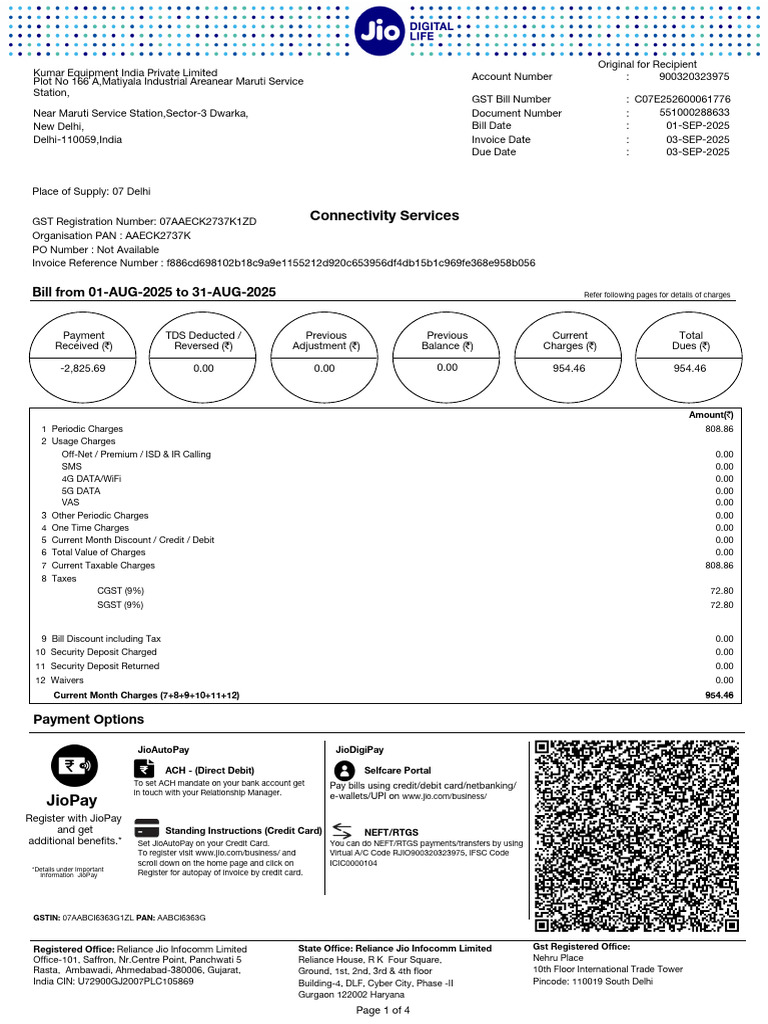 Jio Invoice for Kumar Equipment 2025 | PDF | Invoice | Payments