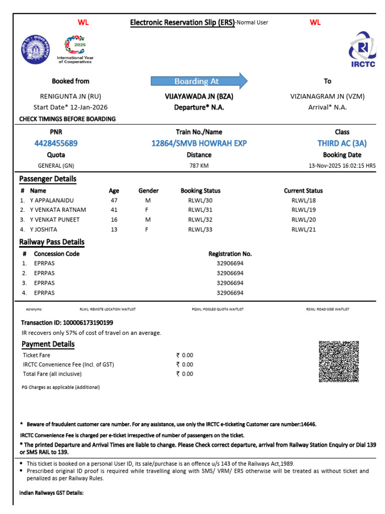 12864/Smvb Howrah Exp Third Ac (3A) : WL WL | PDF | Identity Document ...