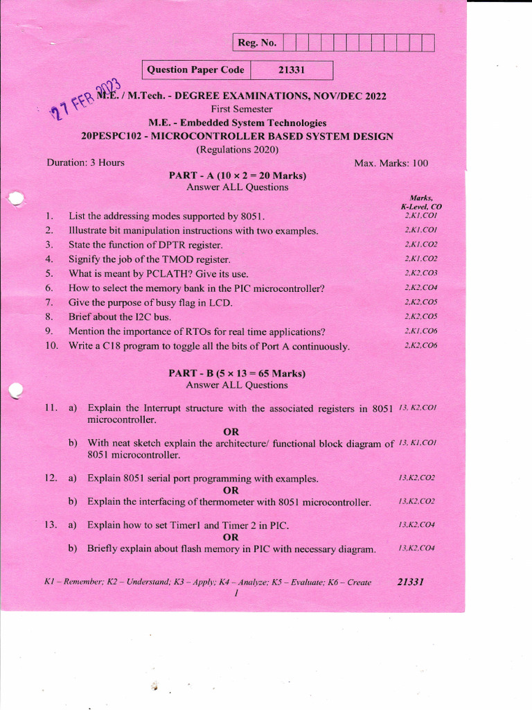 20pespc102 Microcontroller Based System Design | PDF | Microcontroller ...