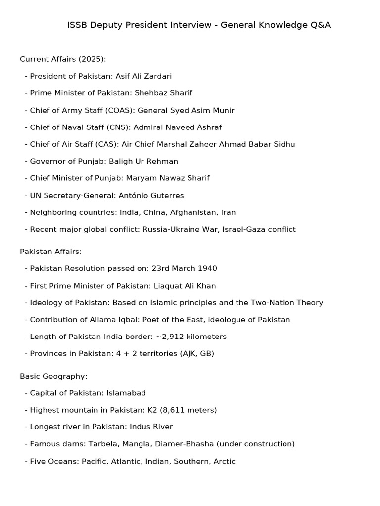 ISSB DP Interview GK Questions Answers | PDF | Pakistan | Government Of ...