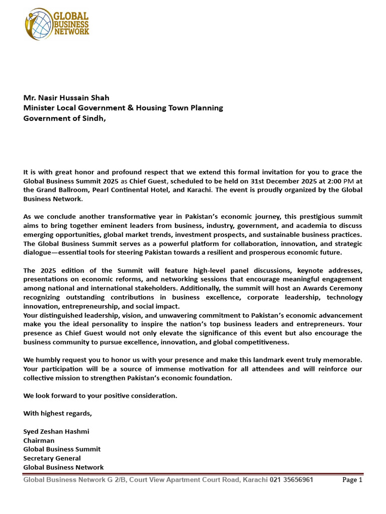 Mr. Nasir Hussain Shah Invitation As Chief Guest | PDF | Innovation ...