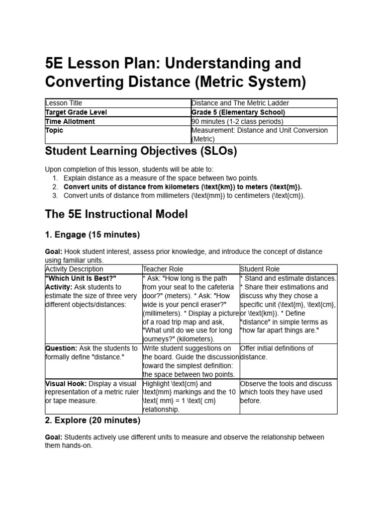 5E Lesson Plan: Metric Distance Conversion | PDF | Distance | Measurement