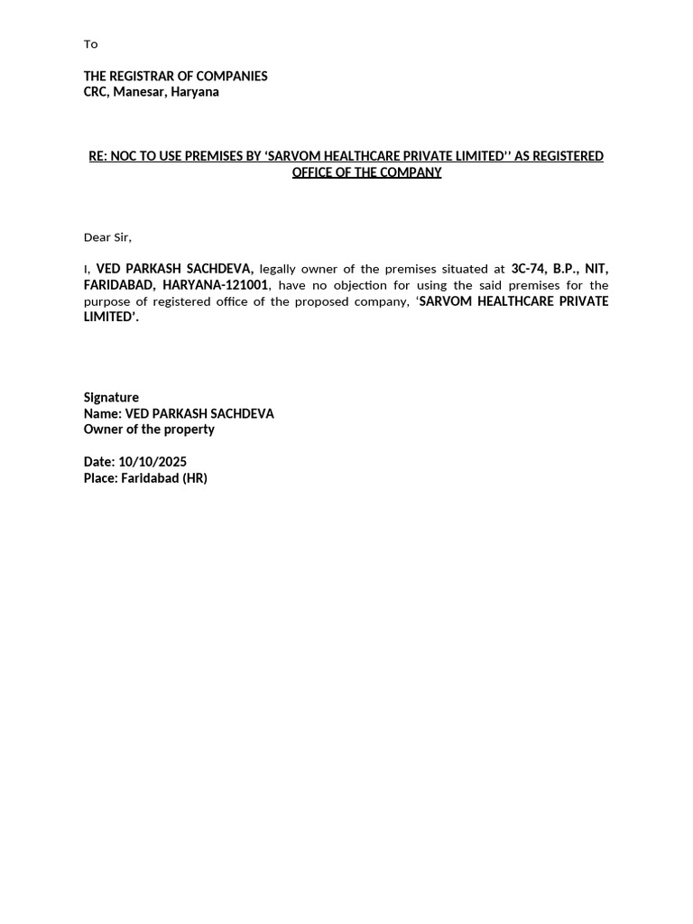 NOC - Owner of The Property | PDF