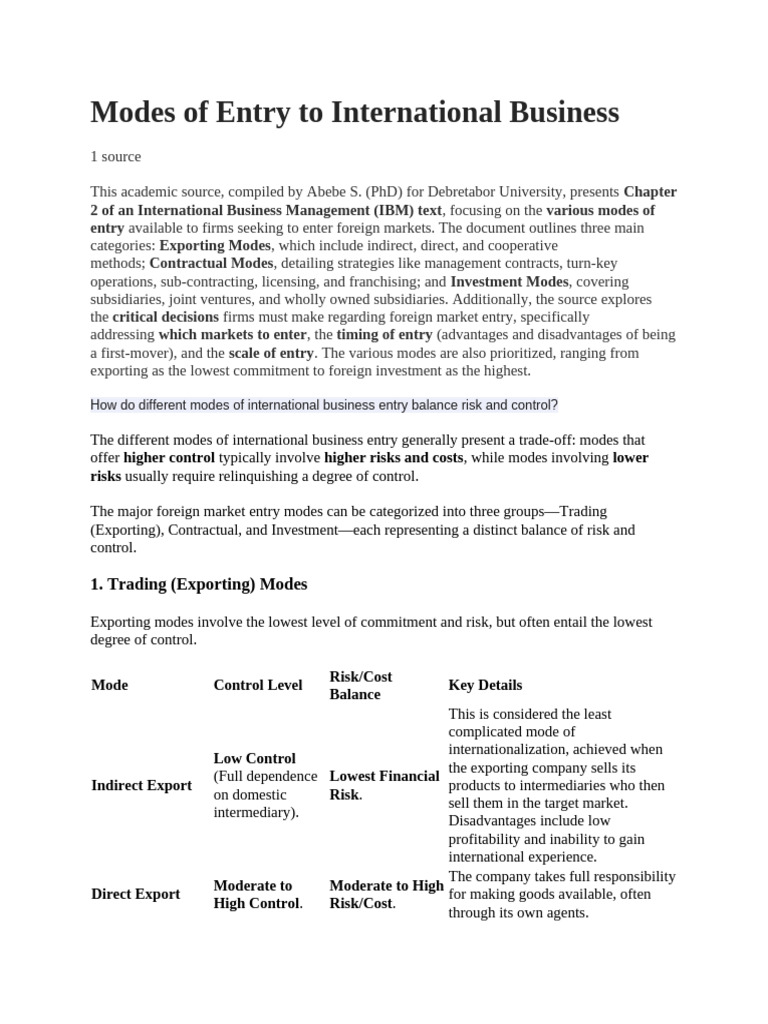 International Business Entry Modes Explained | PDF | Exports | License