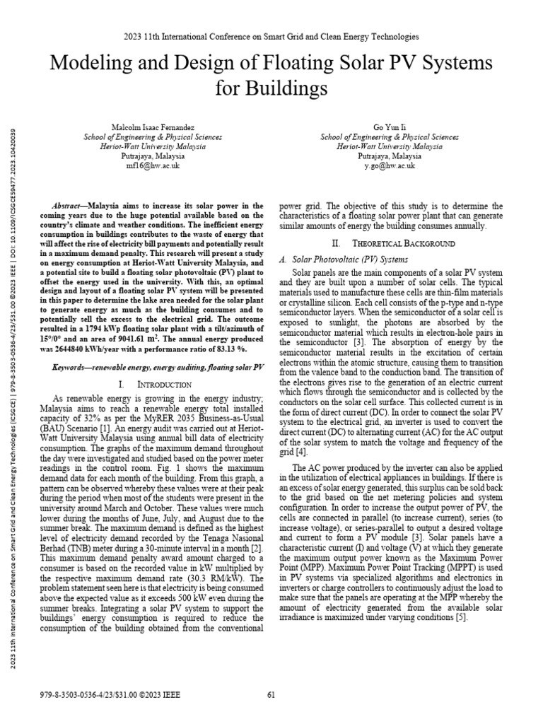 Modeling and Design of Floating Solar PV Systems For Buildings | PDF ...