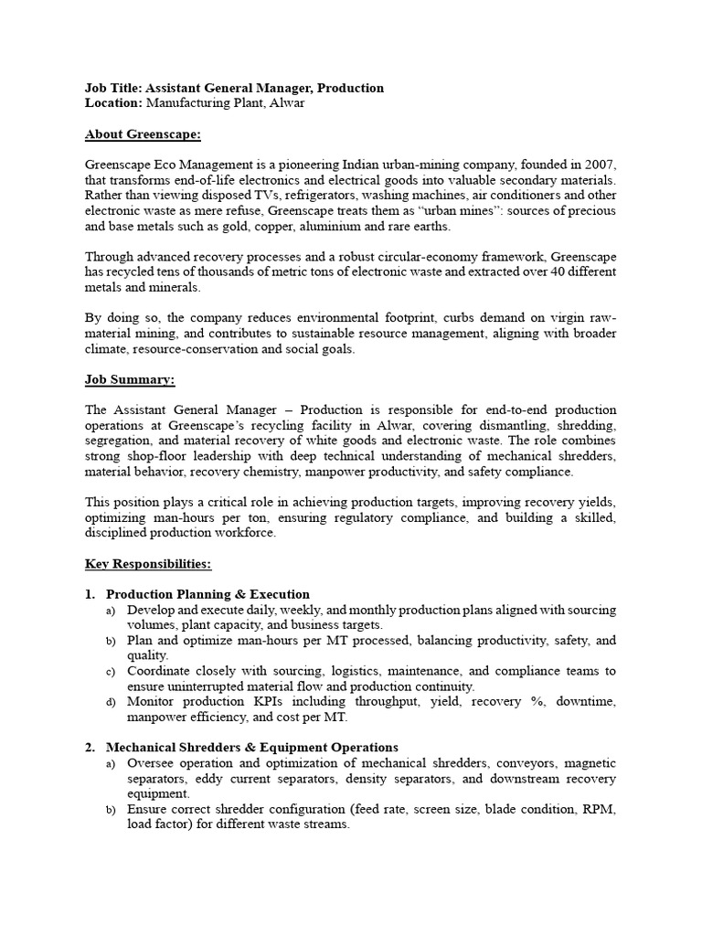 Assistant General Manager, Production | PDF | Electronic Waste | Recycling