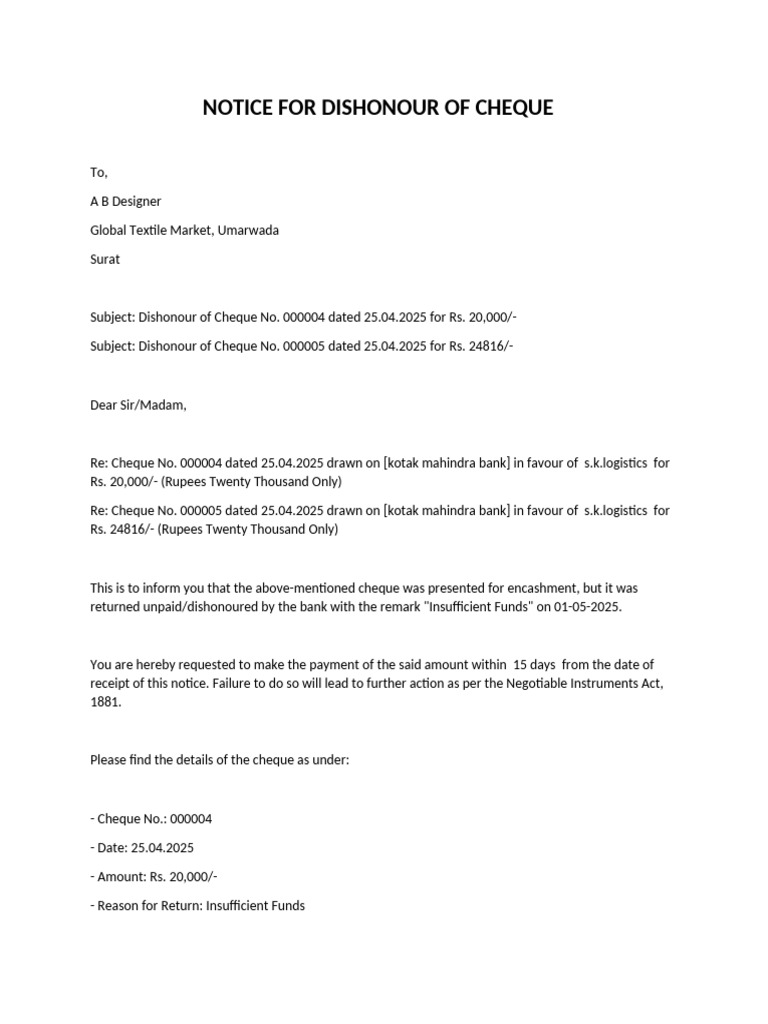 Notice For Dishonour of Cheque | PDF