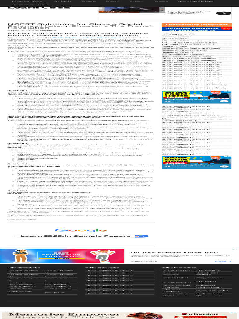 NCERT Solutions: Class 9 History Revolution | PDF | Napoleon | Taxes