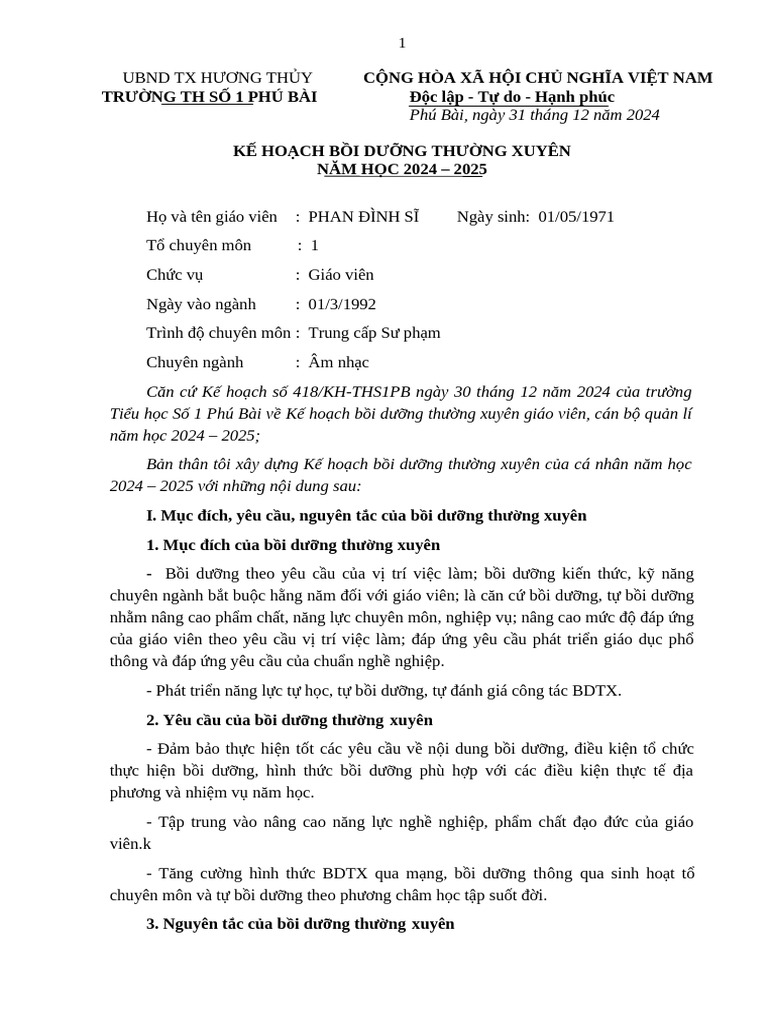 Kế Hoach Bdtx 2024-2025-Khanh | PDF