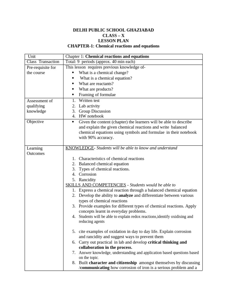 Class X Chemical Reactions Lesson Plan | PDF | Critical Thinking ...