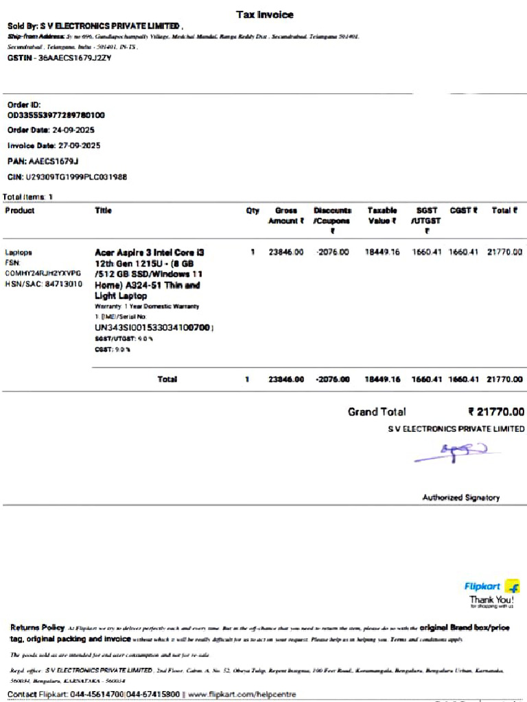Acer Aspire 3 Laptop Invoice Details | PDF