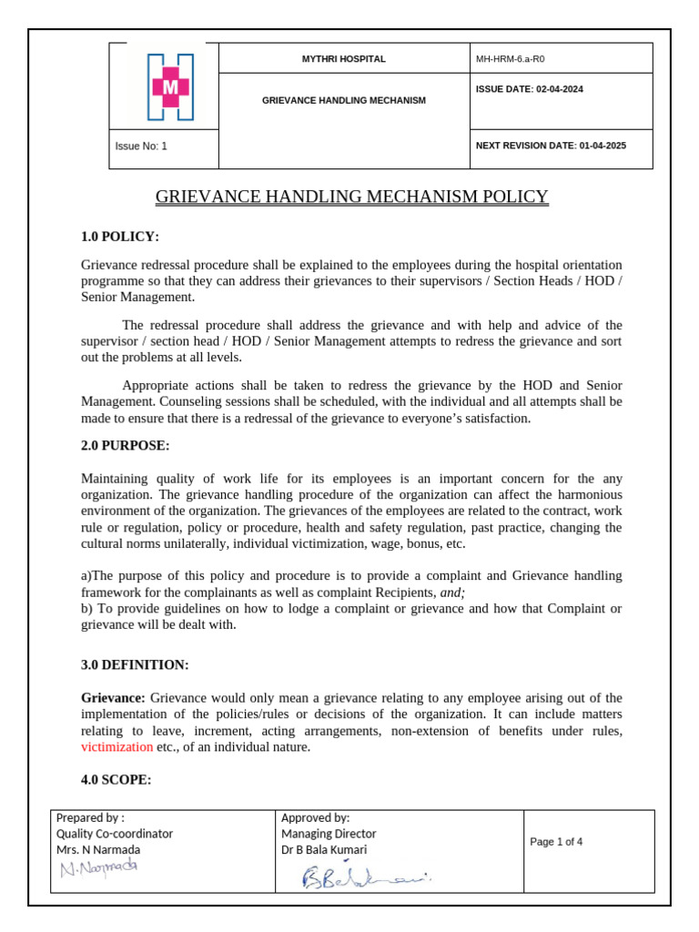 HRM 6.a.GRIEVANCE HANDLING MECHANISM | PDF | Employment | Policy