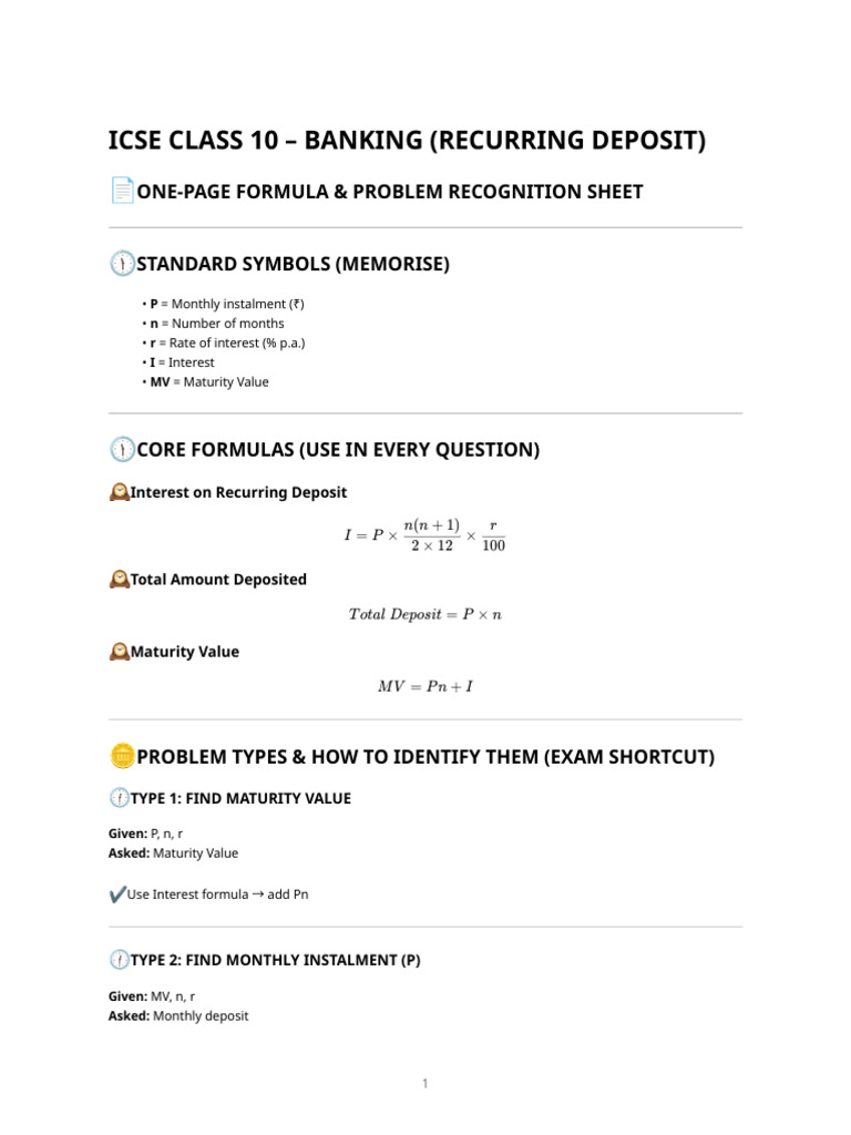 Icse Class 10 Banking – Rd Formula & Recognition Sheet | PDF | Interest ...