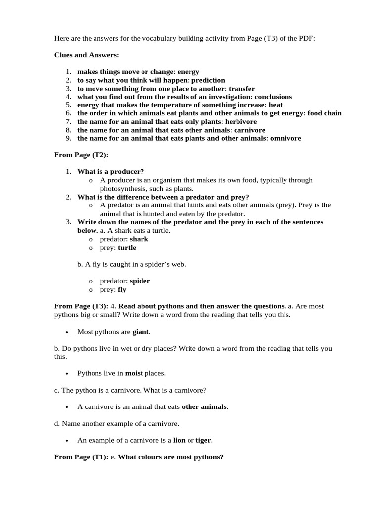 Vocabulary Answers for Energy and Animals | PDF