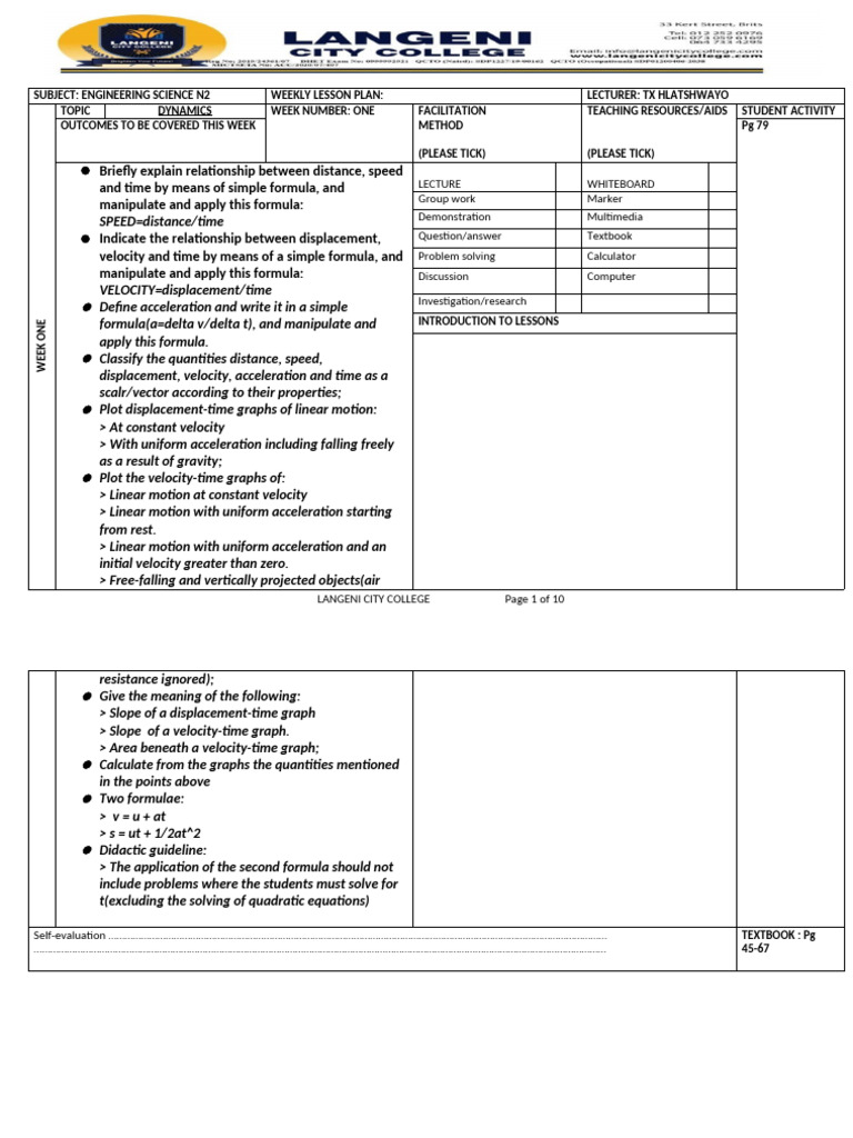 Lesson Plan For Engineering Science n2 by TX Hlatshwayo Done | PDF