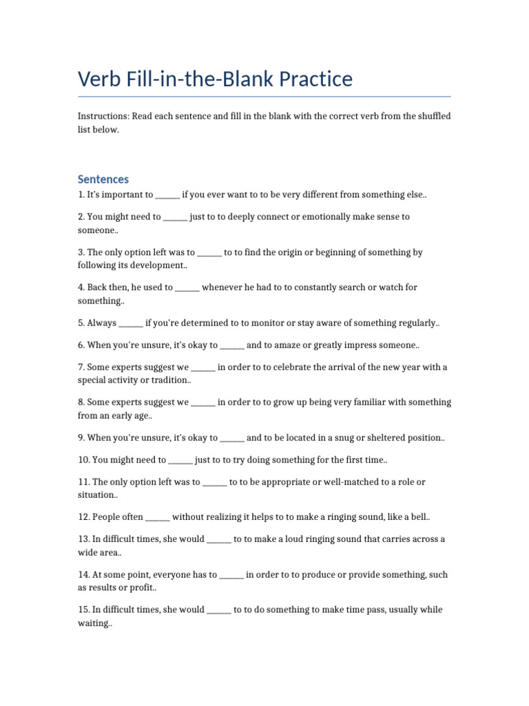 Verb Fill in The Blank Practice | PDF