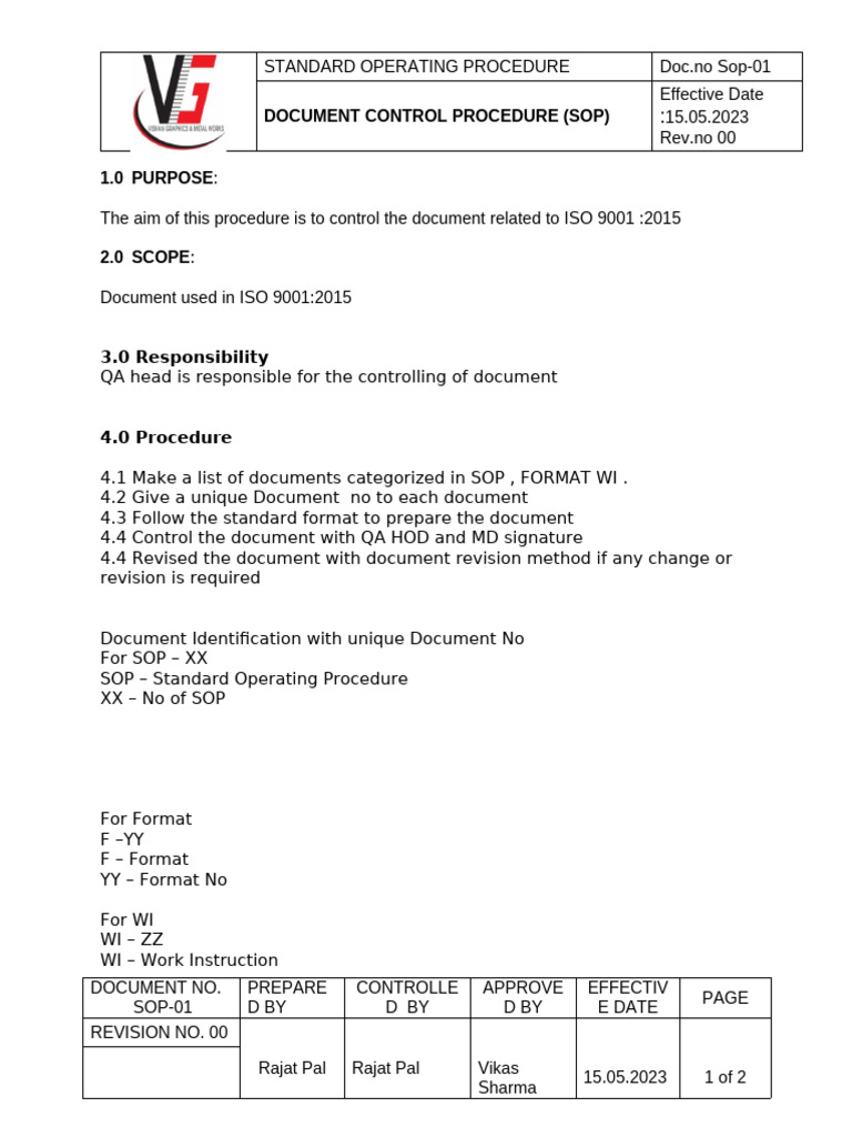 Document Control Procedure Sop | PDF
