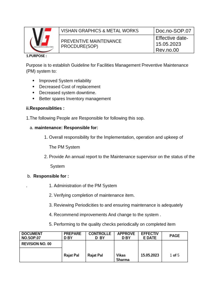 Preventive Maintenance (Sop) | PDF