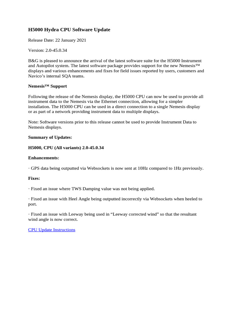 H5000 Hydra CPU Software Update 2.0 | PDF
