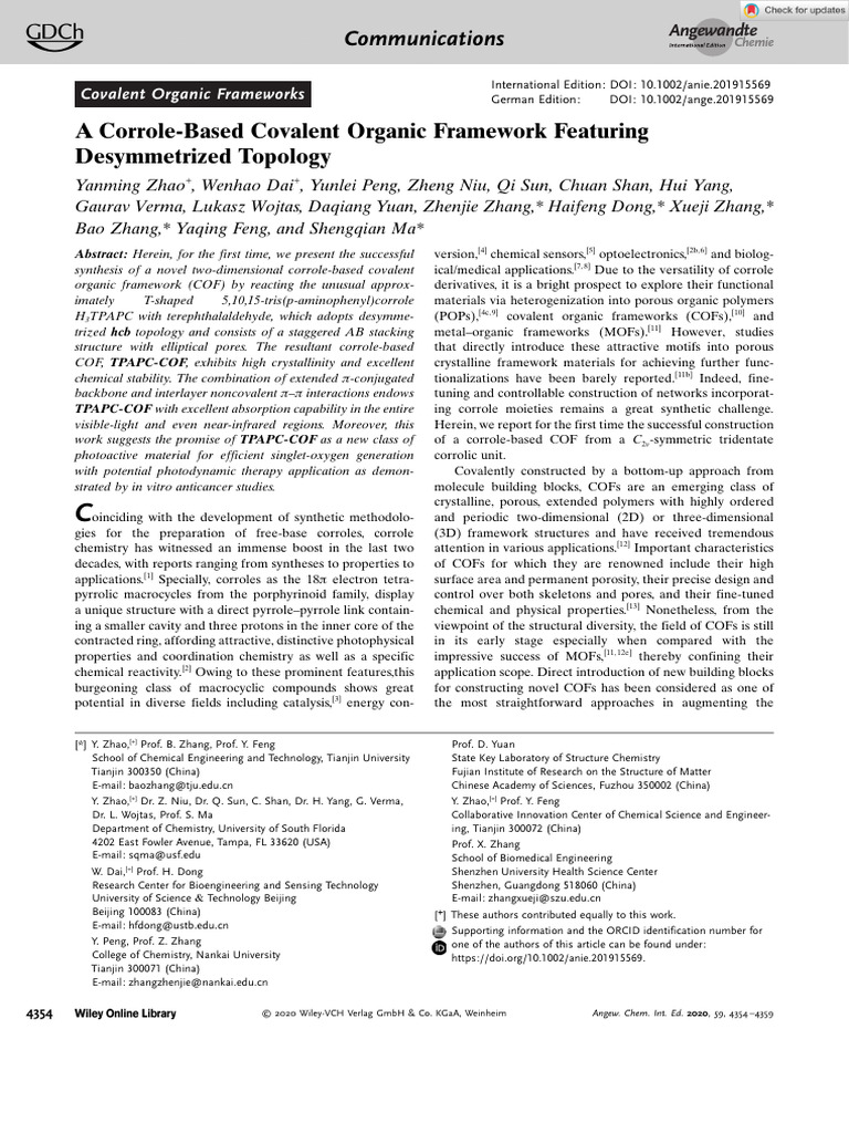 Angew Chem Int Ed - 2020 - Zhao - A Corrole Based Covalent Organic ...