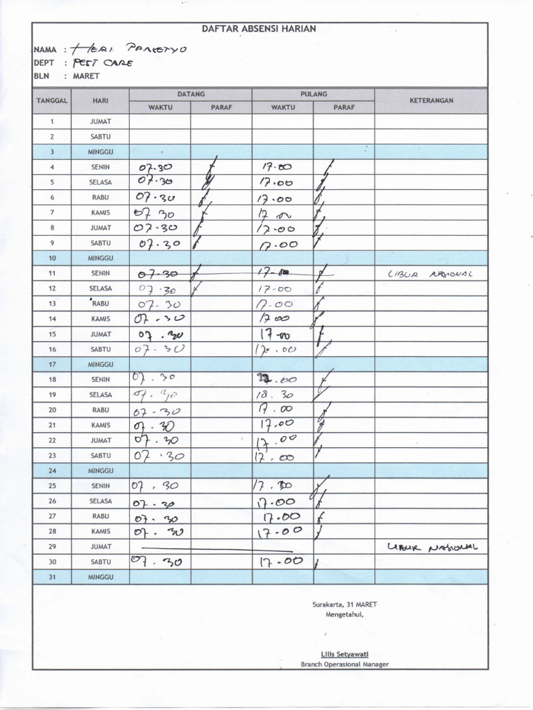 Absen Manual Heri Prasetyo - Maret 2024 | PDF