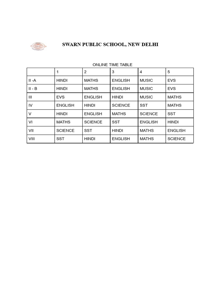 Swarn Public School Online Timetable | PDF