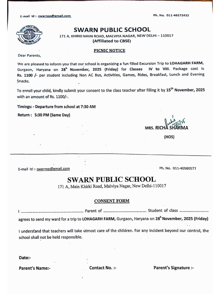 Picnic Consent Form For Class 4th To 8th | PDF
