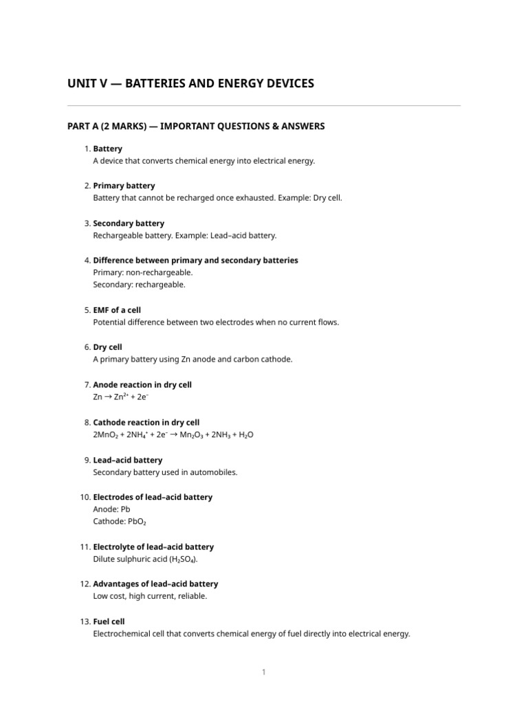 Unit V - Batteries and Energy Devices (Exam Notes) | PDF | Fuel Cell ...