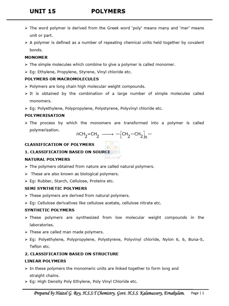 Hsslive Xii Chem 15. Polymers | PDF | Polymers | Polymerization