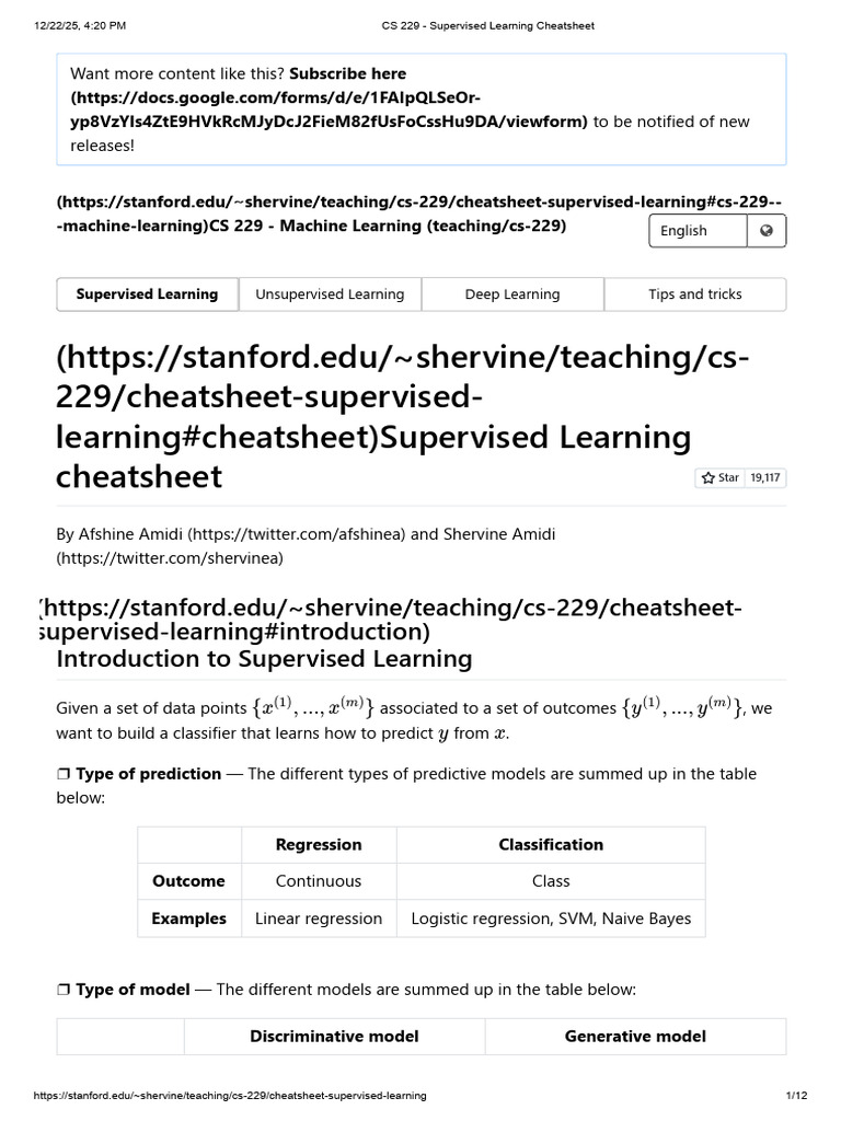CS 229 Supervised Learning Guide | PDF | Support Vector Machine ...