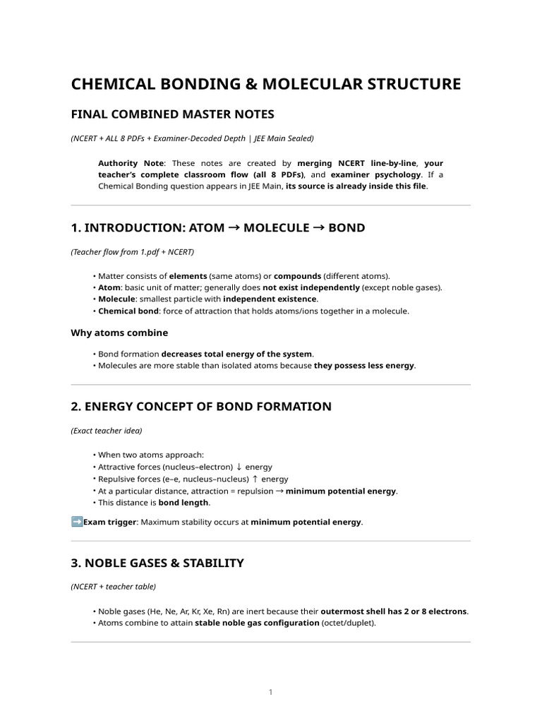 Chemical Bonding Master Notes for JEE | PDF | Ionic Bonding | Covalent Bond