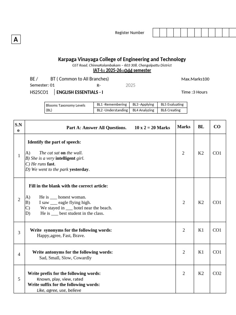 Iat I QN Paper Set - A | PDF | Linguistics | Grammar