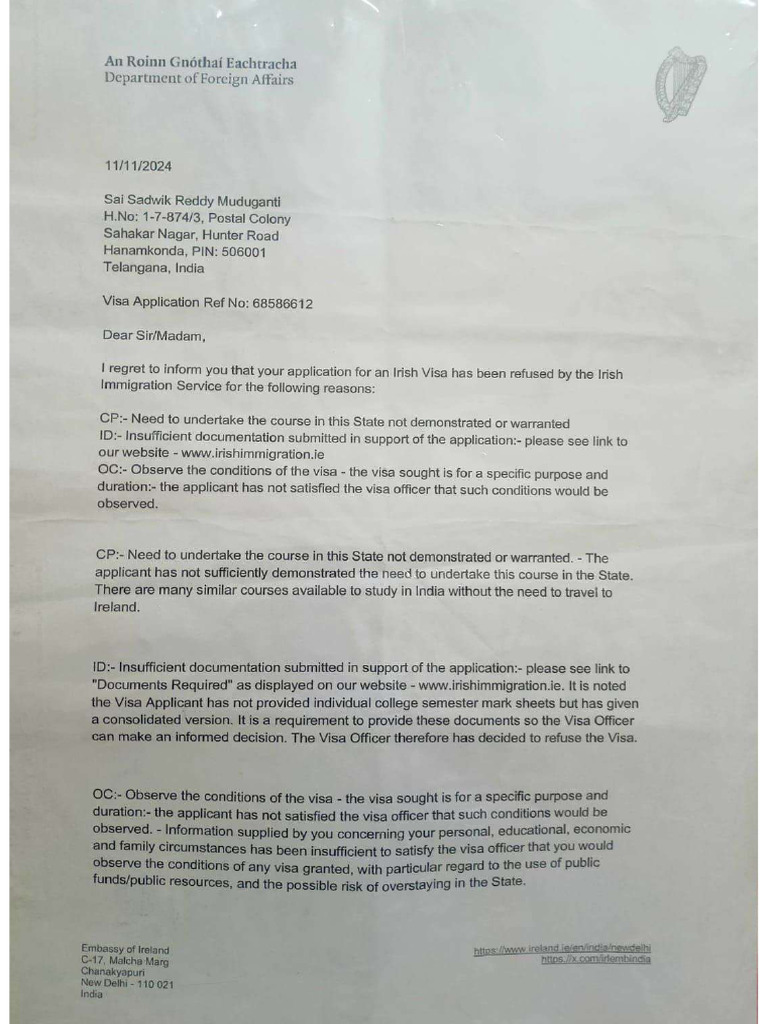 Refusal Letter Sai Asadwik | PDF