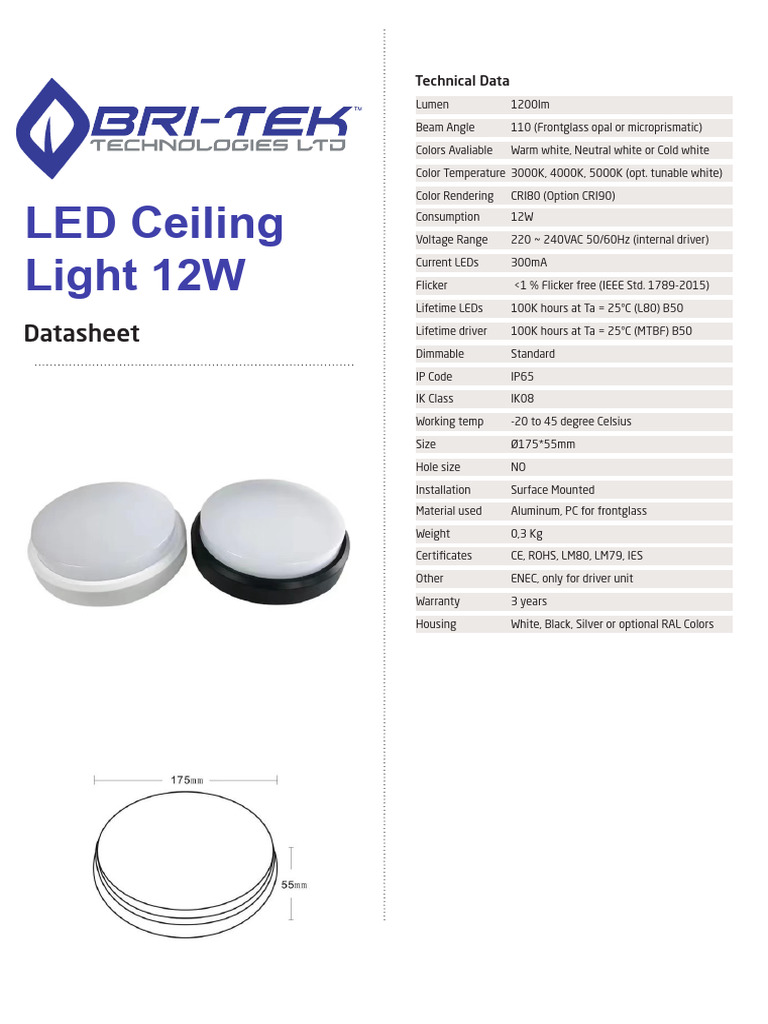 LED Ceiling Light 12w - Datasheet | PDF
