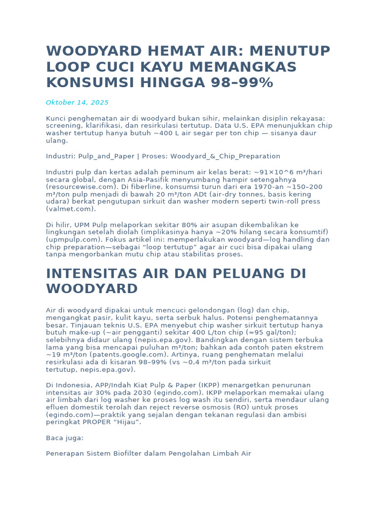 Penghematan Air di Woodyard Pulp & Paper | PDF