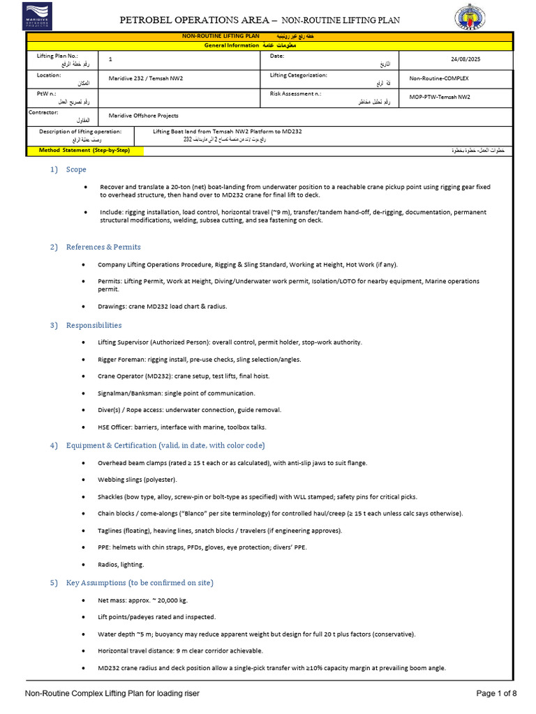 Non-Routine Lifting Plan for Marine Operations | PDF | Crane (Machine ...