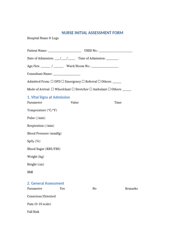Nurse Initial Assessment Form Template | PDF | Medical Specialties ...