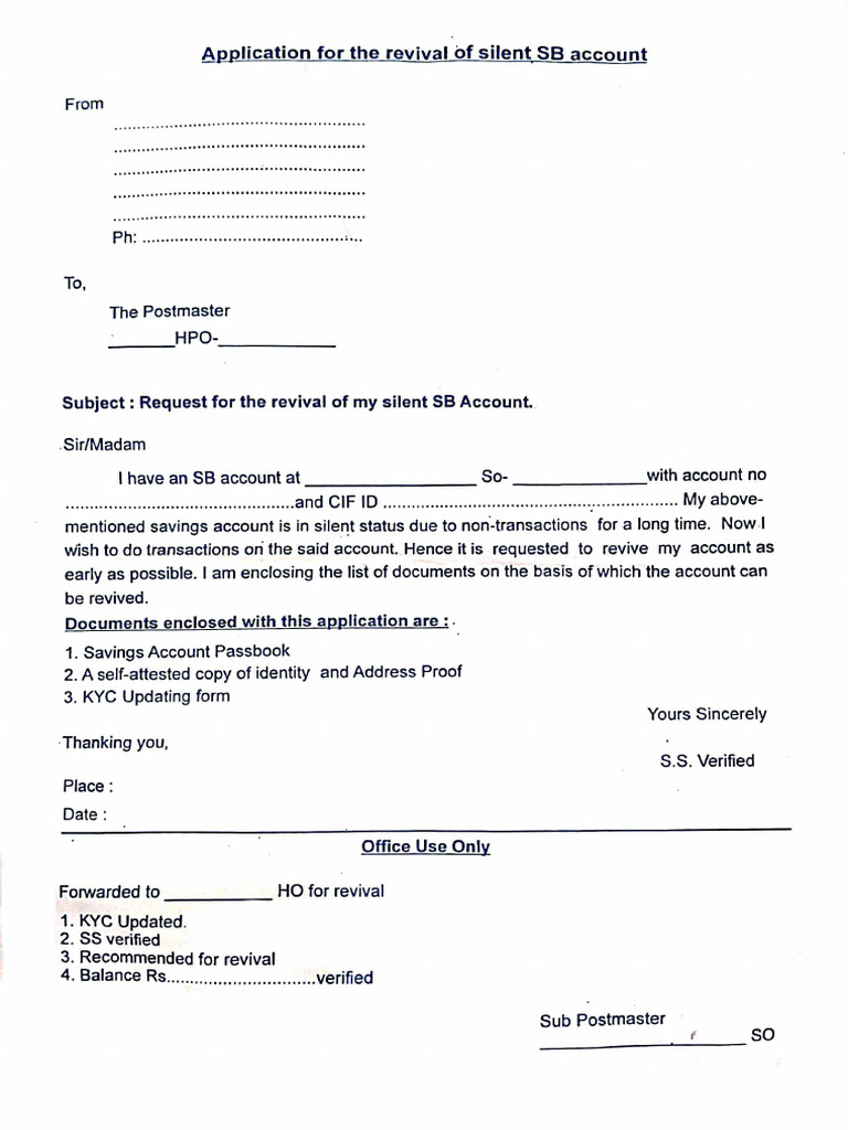 Application For Revival of Silent SB Account | PDF