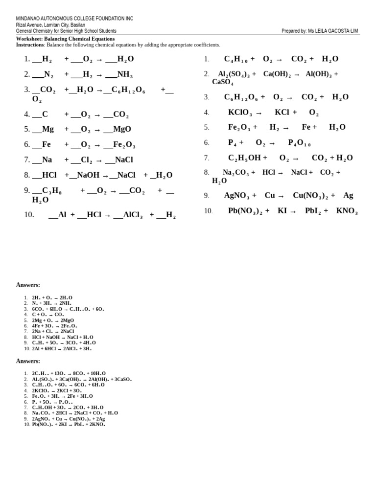 Balancing Chemical Equations Worksheet | PDF | Chemistry | Chess Openings