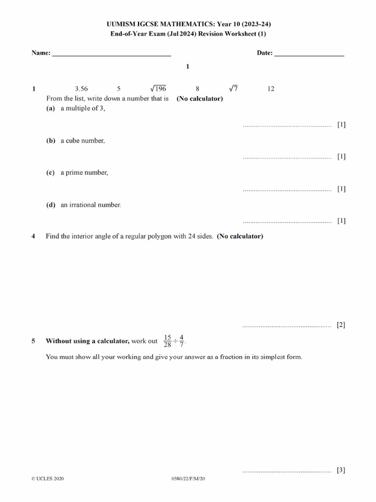 IGCSE Maths Y10 Worksheet - End-of-Year Exam Revision Jun 2024 | PDF