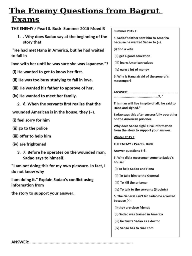 Bagrut Exam Questions on "The Enemy" | PDF