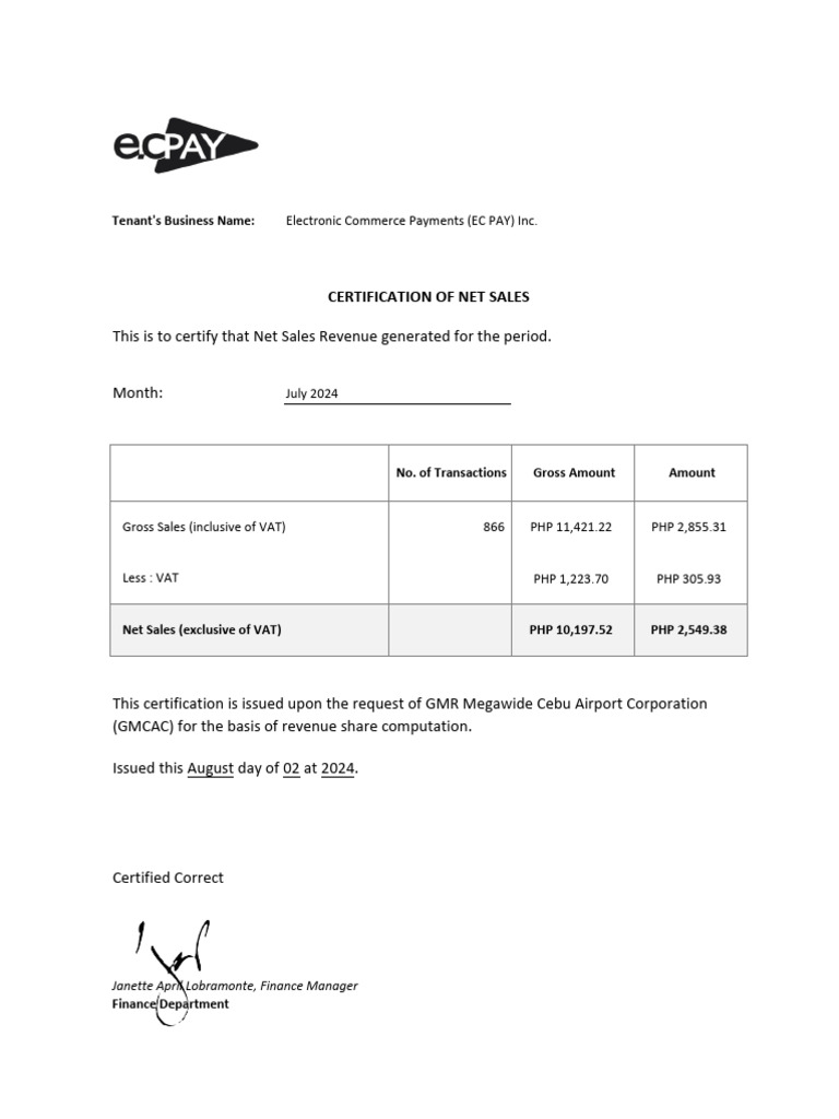 Certification of Net Sales - MCIA - July2024 | PDF | Value Added Tax ...