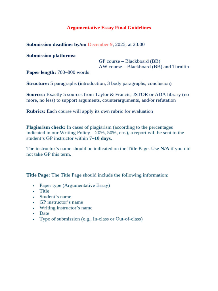 Argumentative Essay Final Guidelines | PDF