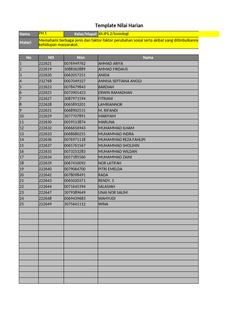 Template Nilai Harian-XII - IPS.2-Sosiologi | PDF