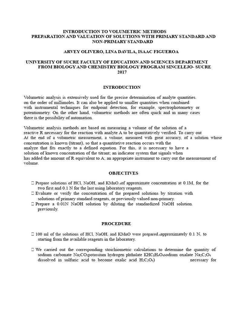 Volumetric Methods: Solution Preparation Guide | PDF | Titration ...